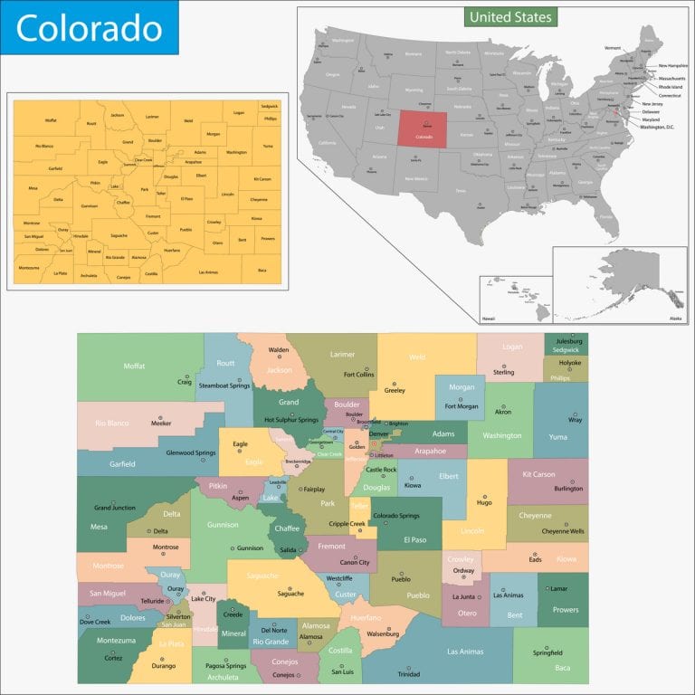 Map of Colorado and Flag | Colorado Outline, Counties, Cities and Road ...