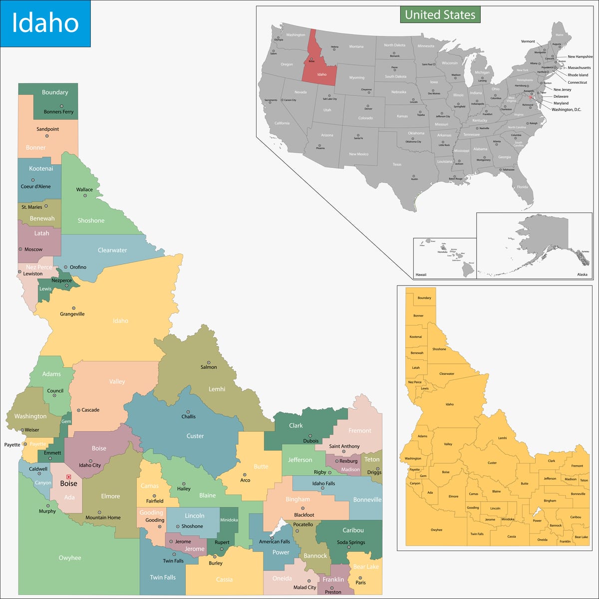 Map of Idaho and Flag | Outline, Counties, Cities and Road Map - Best ...