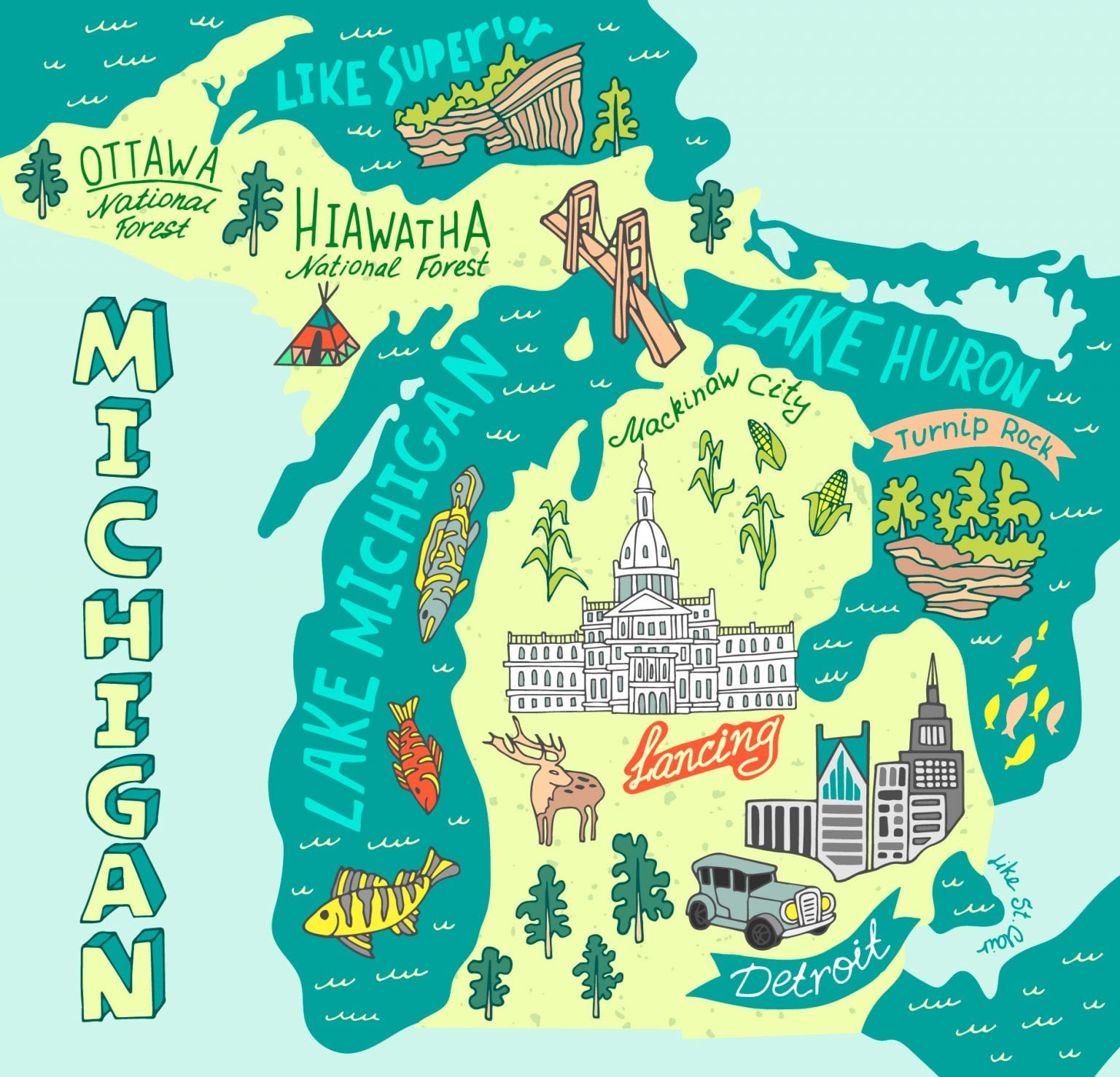 Map of Michigan and Flag | Michigan Outline, Cities, Counties and Road ...